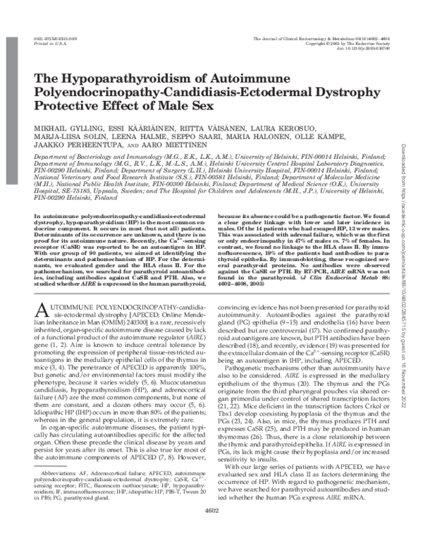 (PDF) The Hypoparathyroidism of Autoimmune Polyendocrinopathy ...