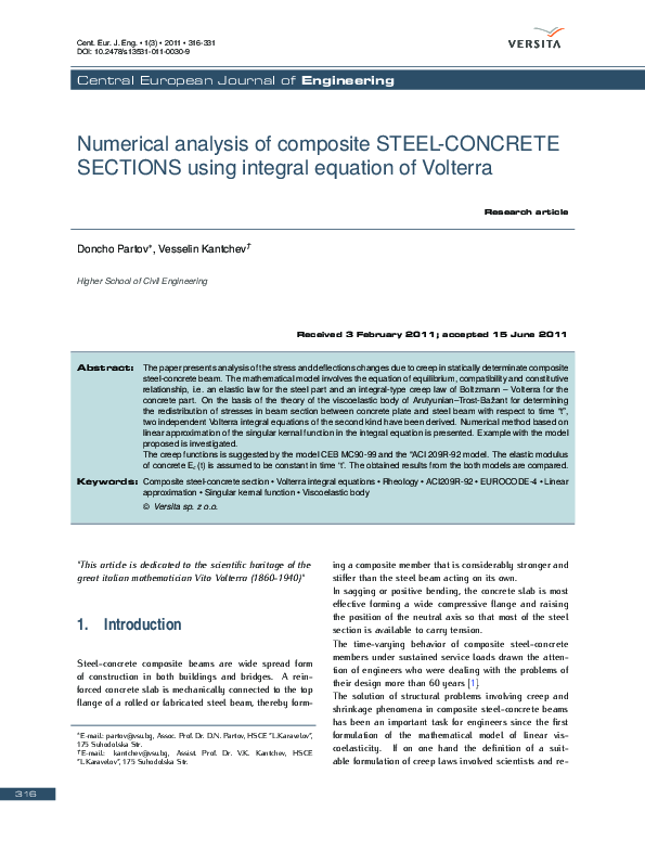 Pdf Numerical Analysis Of Composite Steel Concrete Sections Using Integral Equation Of Volterra