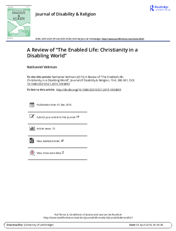 (PDF) A Review of “The Enabled Life: Christianity in a Disabling World”