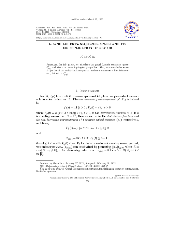(PDF) Grand Lorentz sequence space and its multiplication operator | Oğuz Oğur - Academia.edu