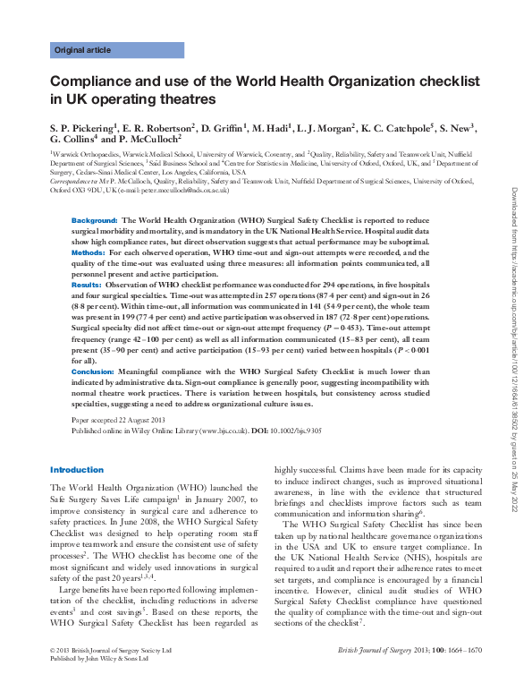 (PDF) Compliance and use of the World Health Organization checklist in ...
