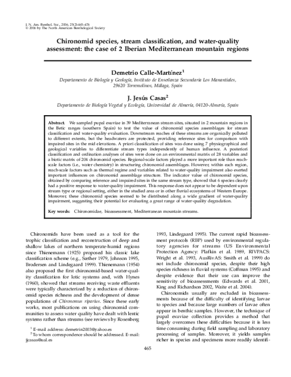 (PDF) Chironomid species, stream classification, and water-quality assessment: the case of 2 ...