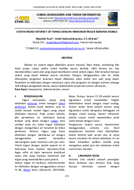 (PDF) Sistem Irigasi Internet of Things Dengan Mikrokontroler Berbasis ... (PDF) Sistem Irigasi Internet of Things Dengan Mikrokontroler Berbasis ...