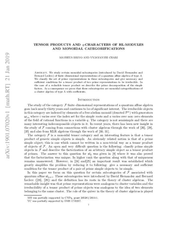 (PDF) Tensor products and $q$-characters of HL-modules and monoidal categorifications ...