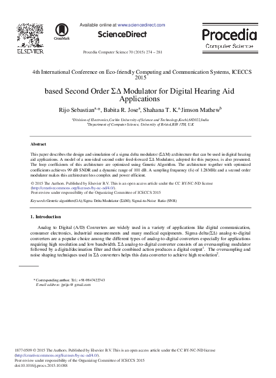 (PDF) Based Second Order ∑Δ Modulator for Digital Hearing Aid Applications