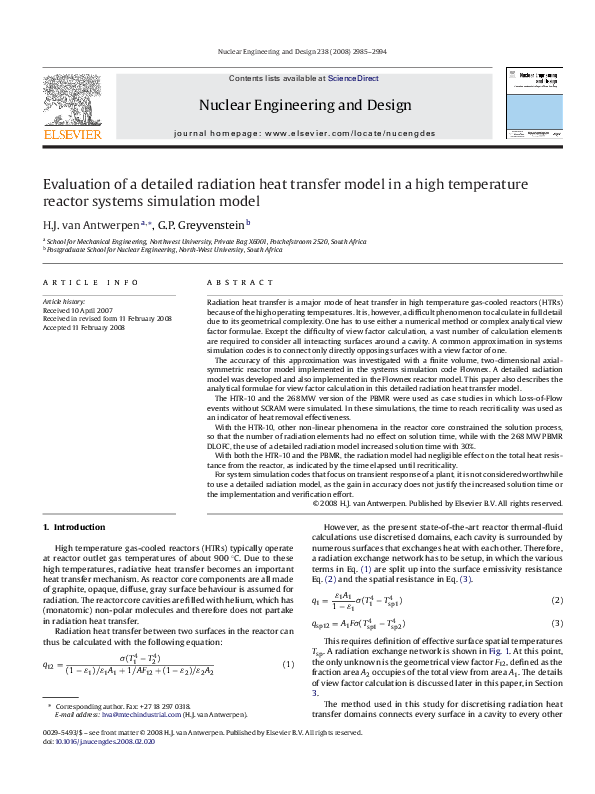 (PDF) Evaluation of a detailed radiation heat transfer model in a high temperature reactor ...