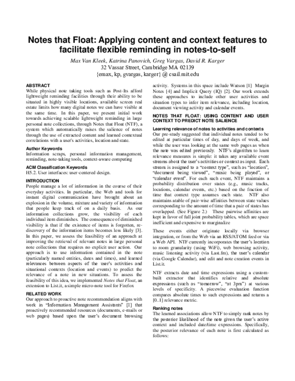 (PDF) Notes that Float: Applying content and context features to ...