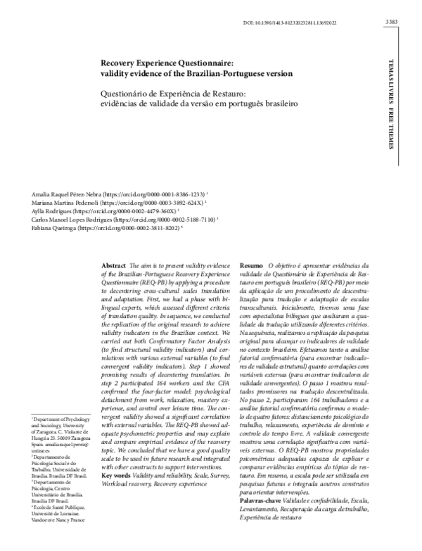 (PDF) Recovery Experience Questionnaire: validity evidence of the ...