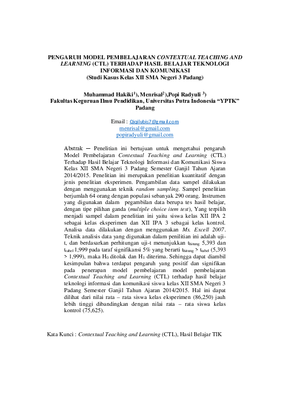 (PDF) PENGARUH MODEL PEMBELAJARAN CONTEXTUAL TEACHING AND LEARNING (CTL) TERHADAP HASIL BELAJAR ...