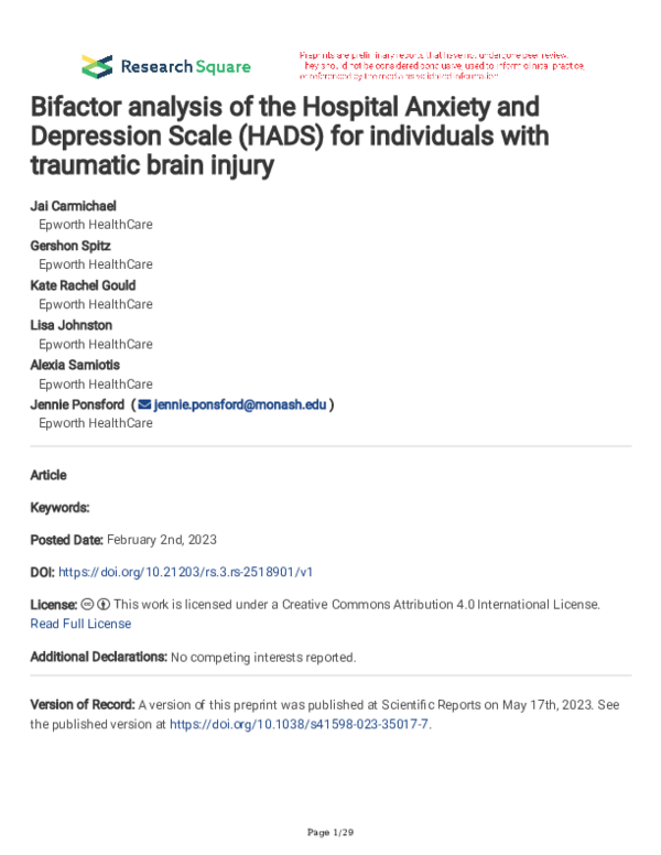 (PDF) Bifactor analysis of the Hospital Anxiety and Depression Scale ...