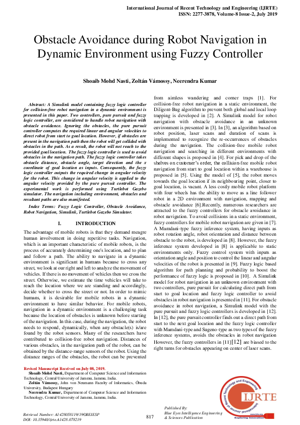 Pdf Obstacle Avoidance During Robot Navigation In Dynamic Environment Using Fuzzy Controller