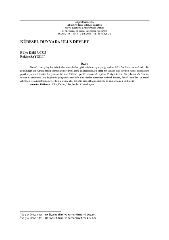 (PDF) Küresel Dünyada Ulus Devlet