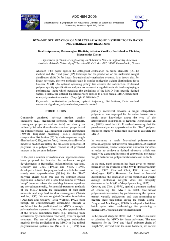 Pdf Dynamic Optimization Of Molecular Weight Distribution In Batch Polymerization Reactors