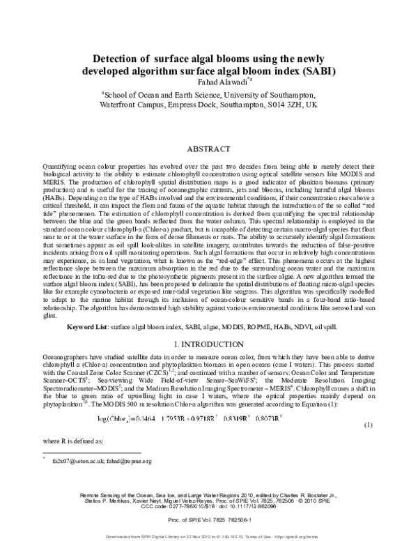 (PDF) Detection of surface algal blooms using the newly developed algorithm surface algal bloom ...