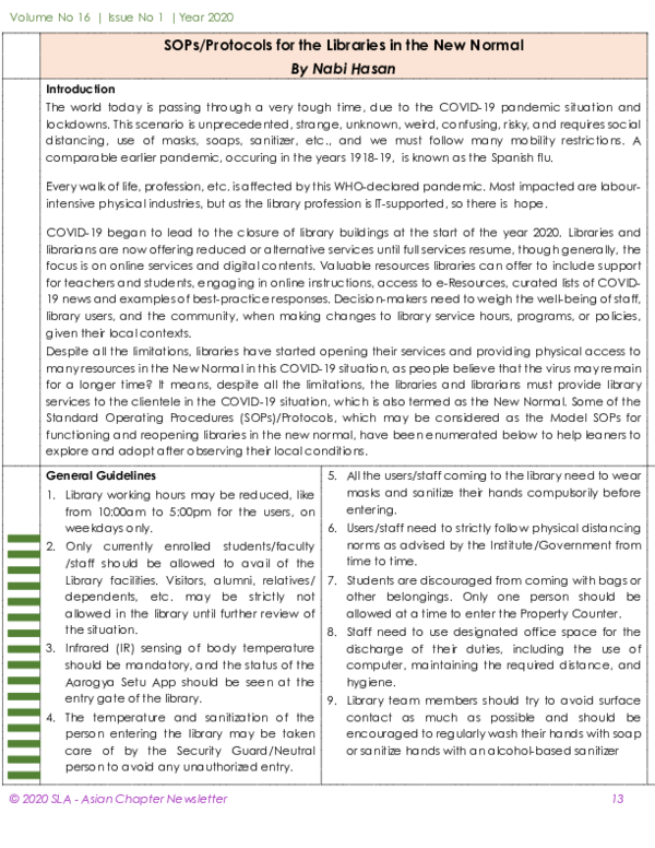 (PDF) SOPs/Protocols for the Libraries in the New Normal