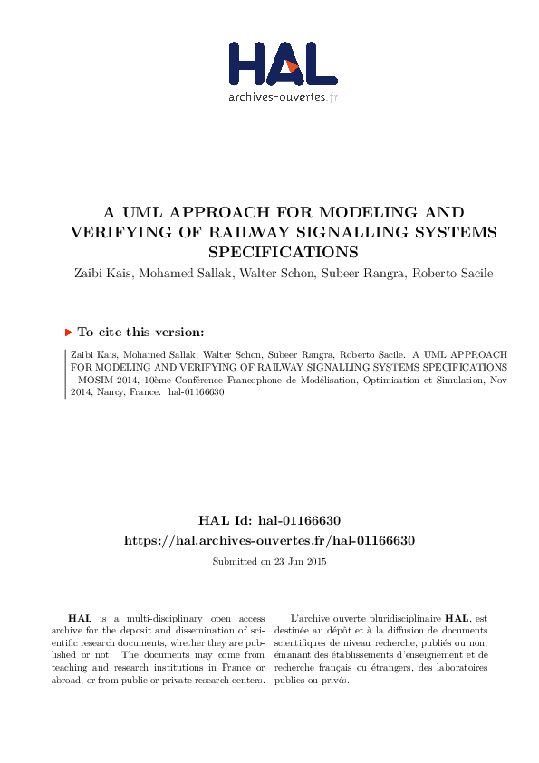 (PDF) A Uml Approach for Modeling and Verifying of Railway Signalling Systems Specifications