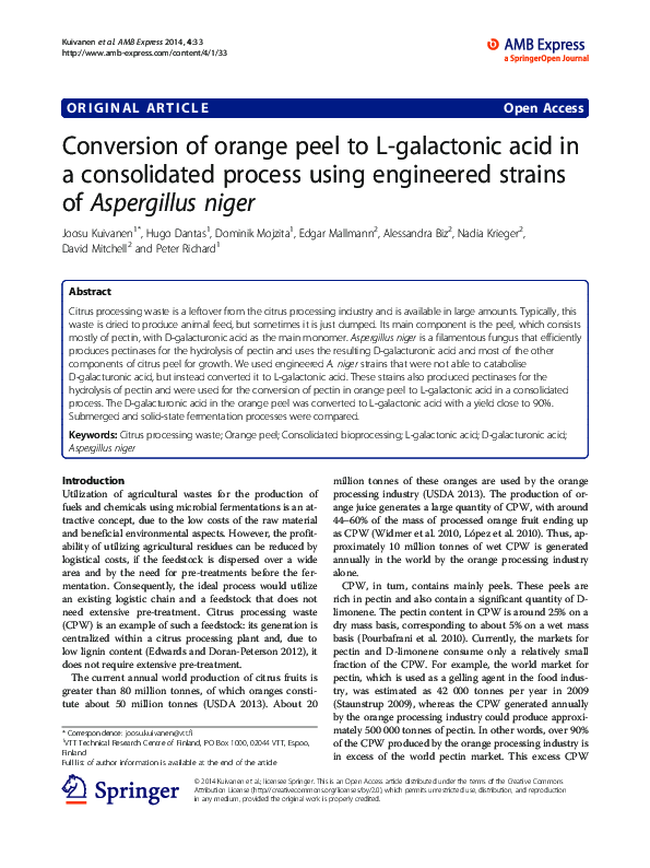(PDF) Conversion of orange peel to L-galactonic acid in a consolidated ...