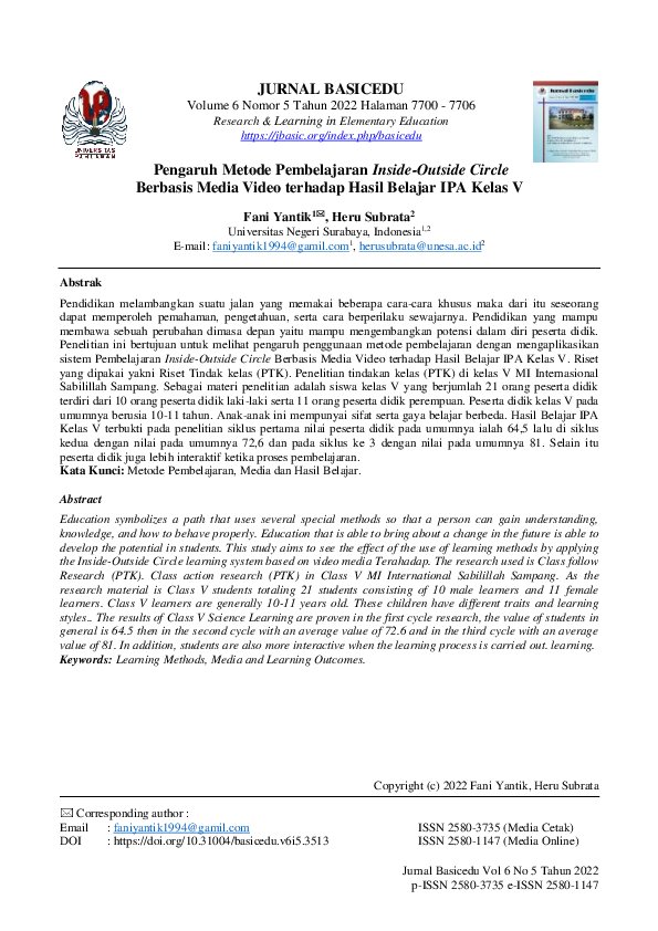 (PDF) Pengaruh Metode Pembelajaran Inside-Outside Circle Berbasis Media Video terhadap Hasil ...