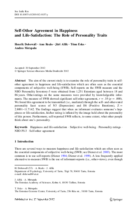 (PDF) Self-Other Agreement in Happiness and Life-Satisfaction: The Role ...