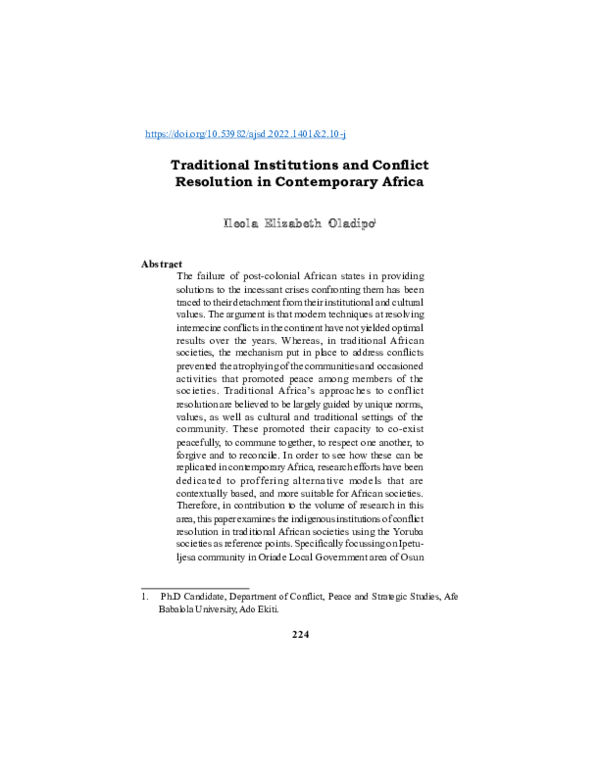 (PDF) Traditional Institutions and Conflict Resolution in Contemporary ...