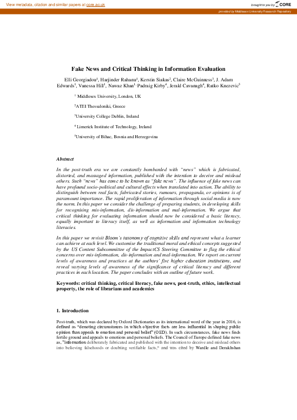 (PDF) Fake news and critical thinking in information evaluation
