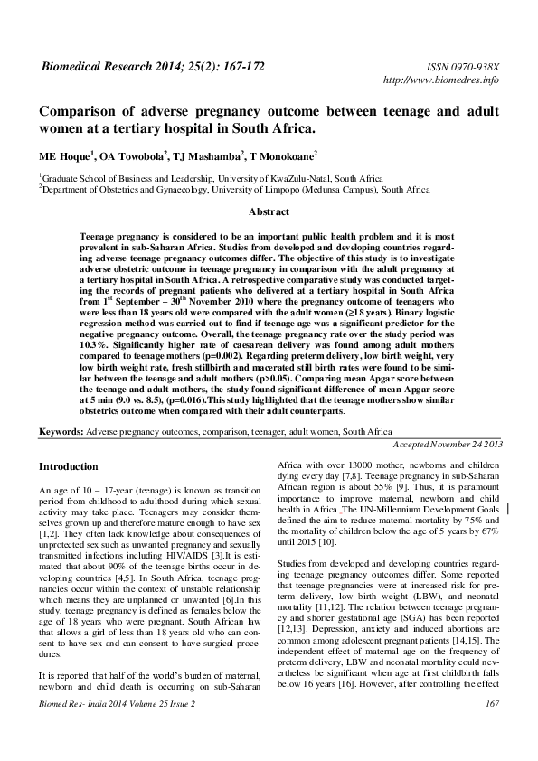 (PDF) Comparison of adverse pregnancy outcome between teenage and adult ...