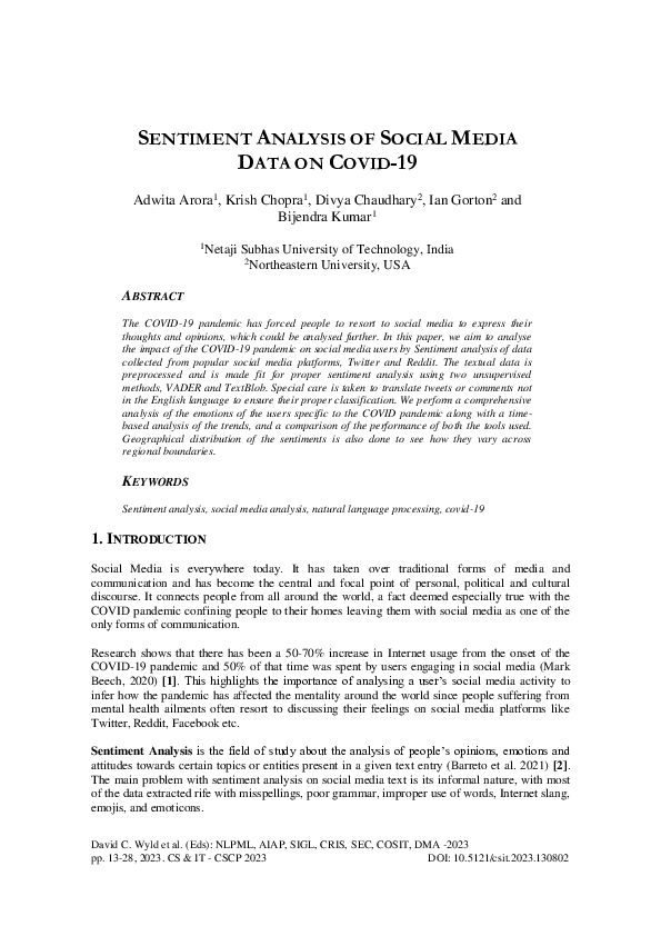 (PDF) Sentiment Analysis of Social Media Data on COVID-19
