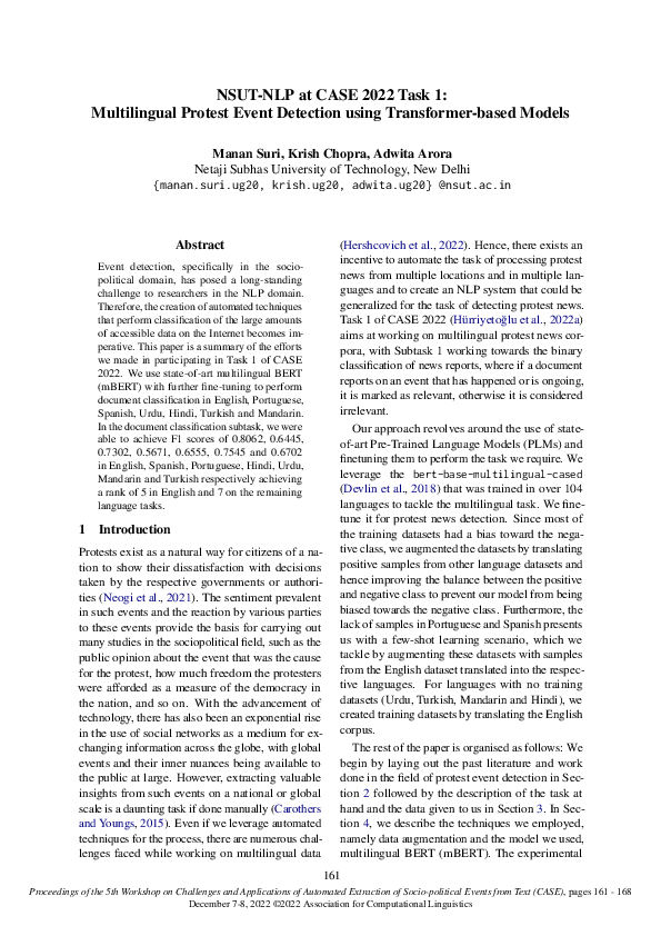 Pdf Nsut Nlp At Case 2022 Task 1 Multilingual Protest Event Detection Using Transformer Based