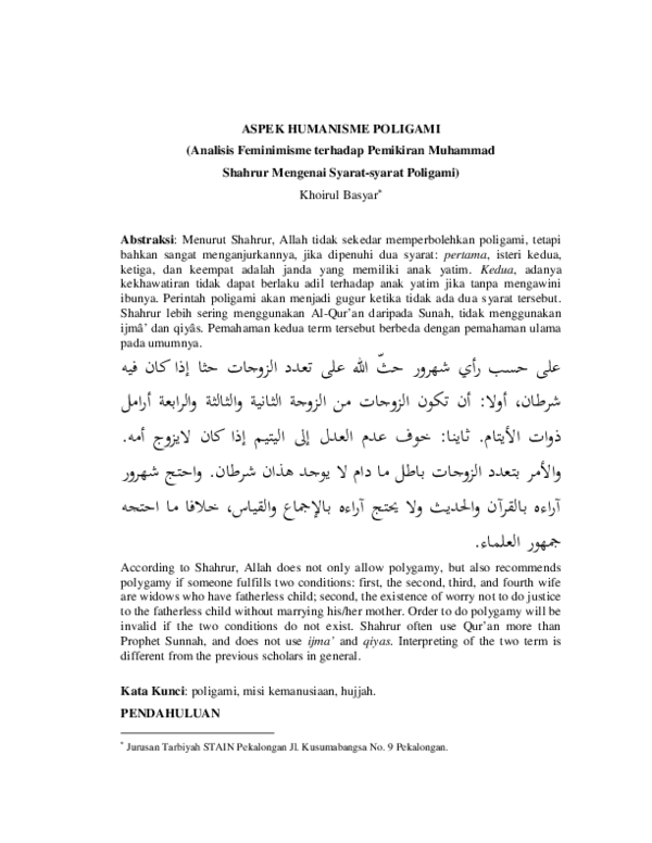 (PDF) ASPEK HUMANISME POLIGAMI (Analisis Feminimisme terhadap Pemikiran ...