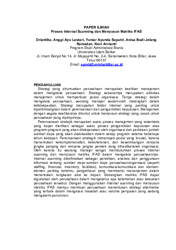 (DOC) PAPER ILMIAH Proses Internal Scanning dan Menyusun Matriks IFAS