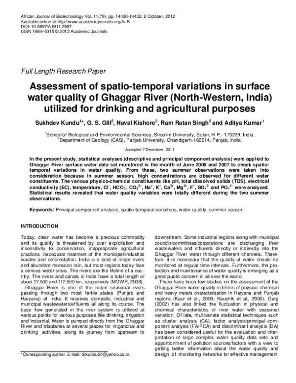 (PDF) Assessment of spatio-temporal variations in surface water quality of Ghaggar River (North ...