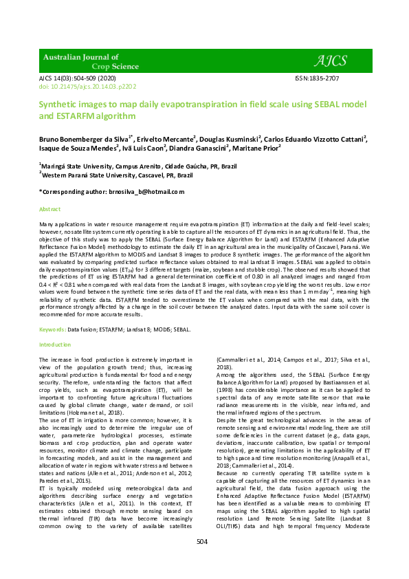 Pdf Synthetic Images To Map Daily Evapotranspiration In Field Scale Using Sebal Model And