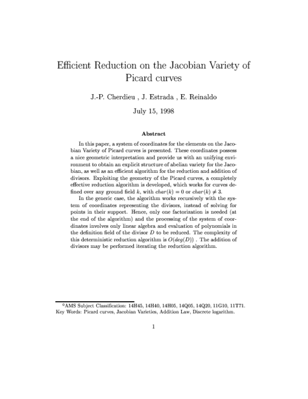 (PDF) Efficient Reduction on the Jacobian Variety of Picard Curves