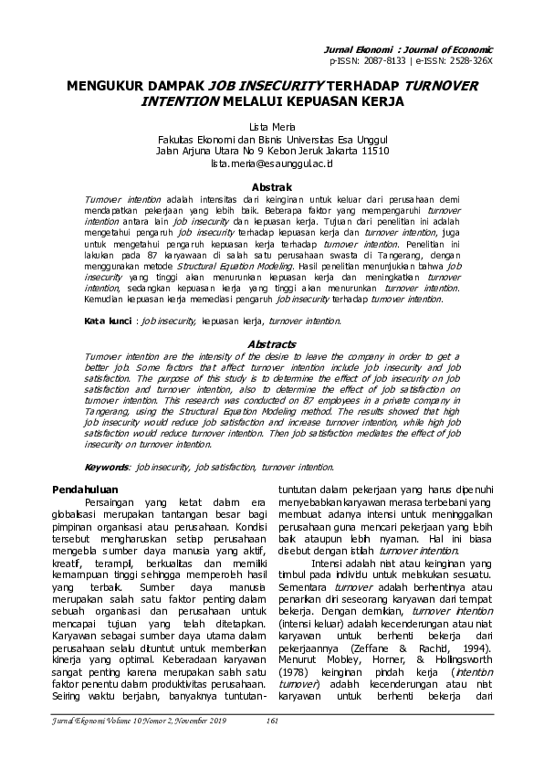 (PDF) Mengukur Dampak Job Insecurity Terhadap Turnover Intention Melalui Kepuasan Kerja