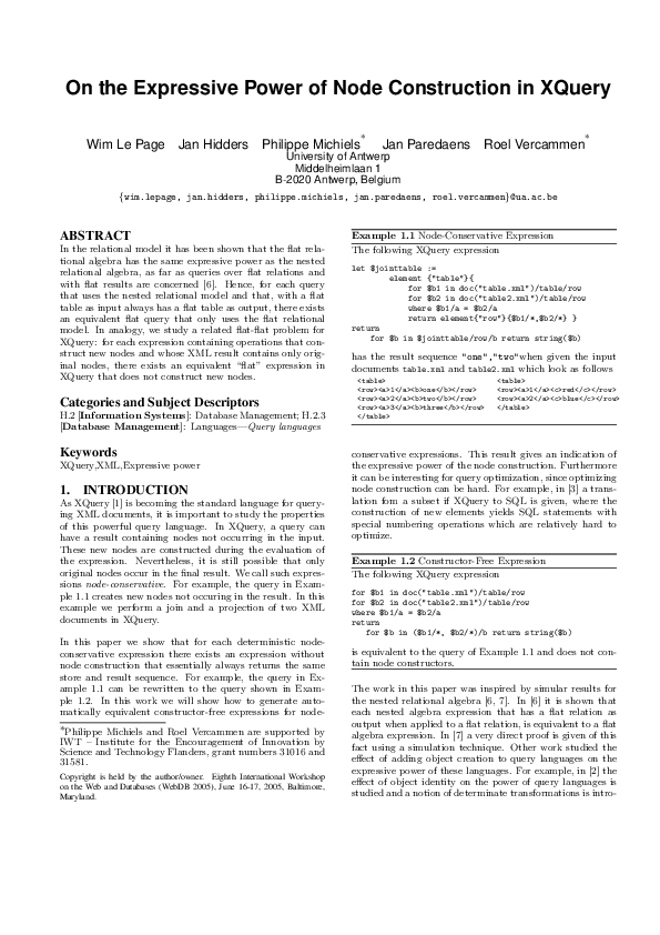 (PDF) On the Expressive Power of Node Construction in XQuery
