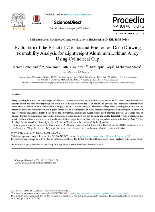 (PDF) Evaluation of the Effect of Contact and Friction on Deep Drawing Formability Analysis for ...