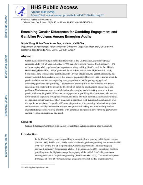 (PDF) Examining Gender Differences for Gambling Engagement and Gambling ...
