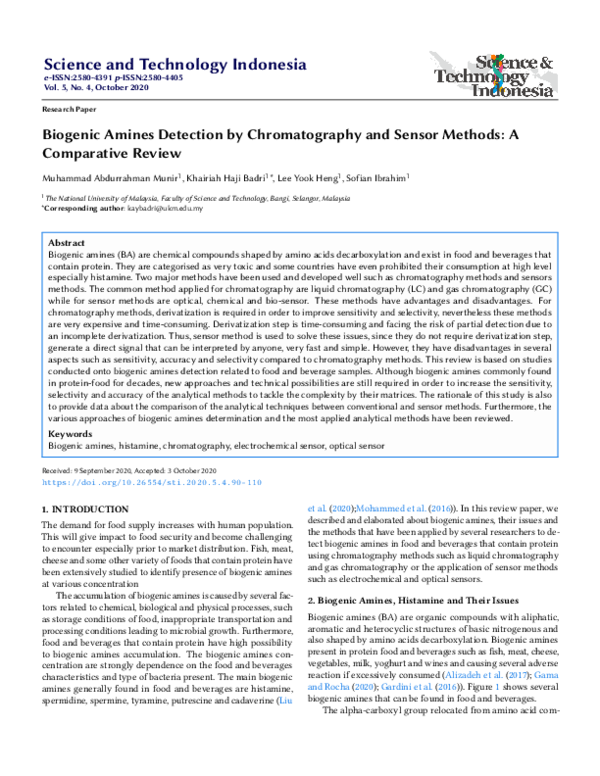 (PDF) Biogenic Amines Detection by Chromatography and Sensor Methods: A Comparative Review