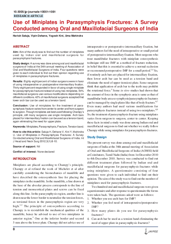 (PDF) Use of Miniplates in Parasymphysis Fractures: A Survey Conducted ...
