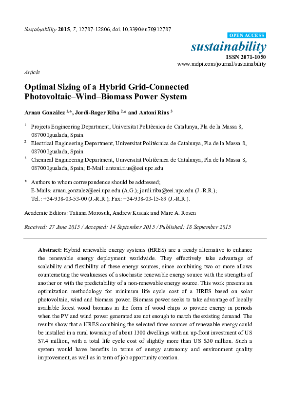 (PDF) Optimal Sizing of a Hybrid Grid-Connected Photovoltaic–Wind–Biomass Power System