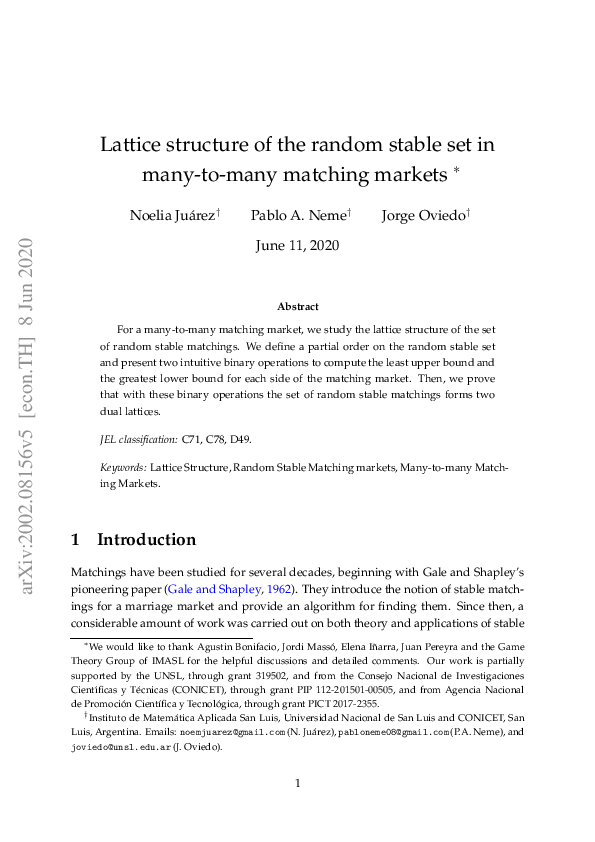 (PDF) Lattice structure of the random stable set in many-to-many matching market