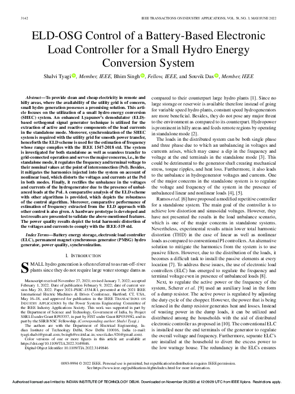 (PDF) ELD-OSG Control of a Battery-Based Electronic Load Controller for a Small Hydro Energy ...