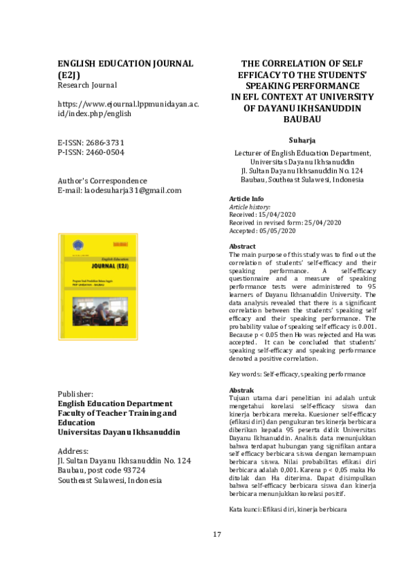 (PDF) Correlation of Self Efficacy to the Students’ Speaking Performance in Efl Context at ...