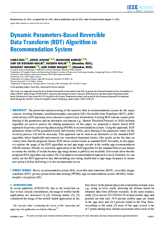(PDF) Dynamic Parameters-Based Reversible Data Transform (RDT) Algorithm in Recommendation System