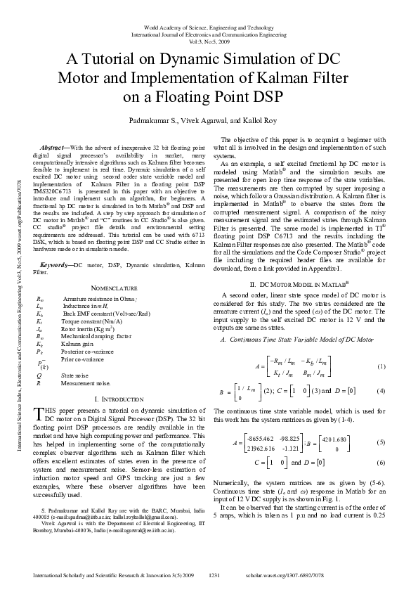Pdf A Tutorial On Dynamic Simulation Of Dc Motor And Implementation Of Kalman Filter On A