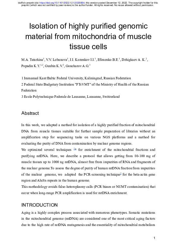 (PDF) Isolation of highly purified genomic material from mitochondria ...