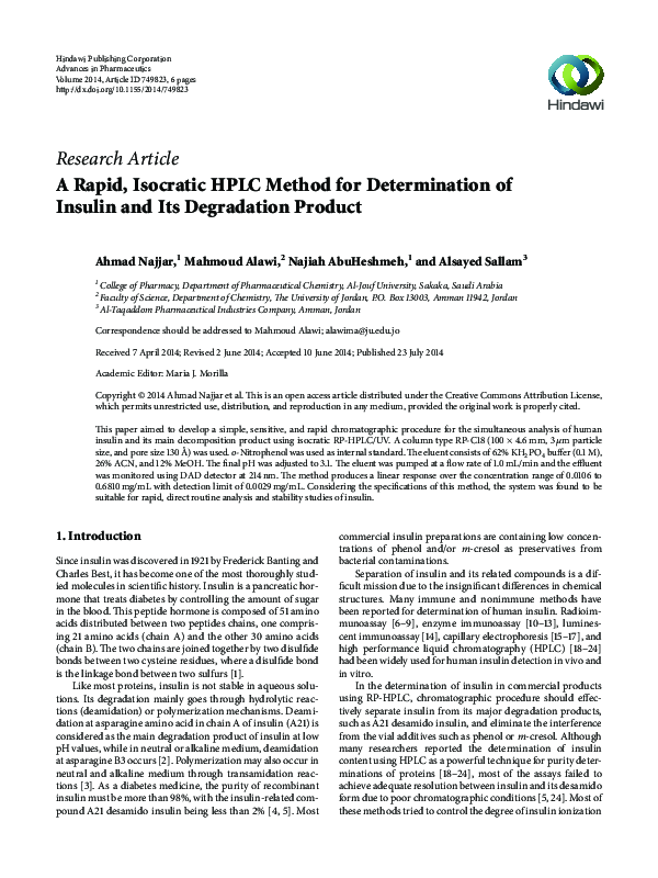 (PDF) A Rapid, Isocratic HPLC Method for Determination of Insulin and Its Degradation Product