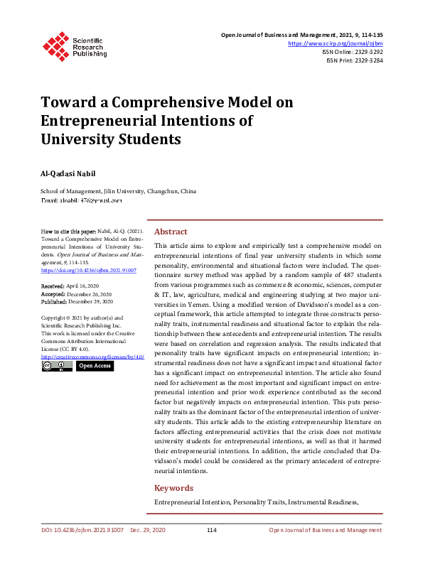 (PDF) Toward a Comprehensive Model on Entrepreneurial Intentions of ...