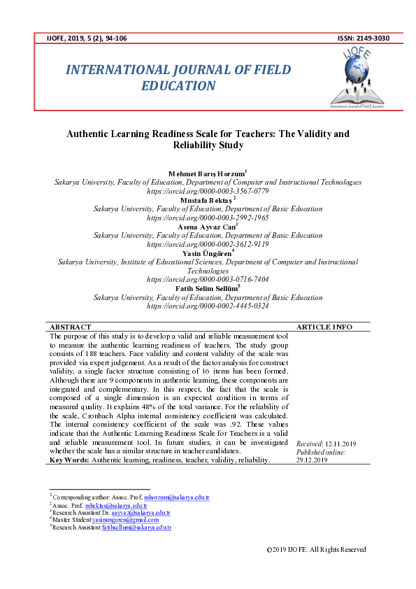 (PDF) Authentic Learning Readiness Scale for Teachers: The Validity and Reliability Study