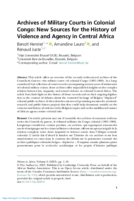 (PDF) Archives of Military Courts in Colonial Congo: New Sources for ...